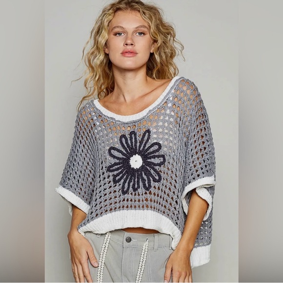 POL | Sweaters | P2 New Pol Crochet Gray And White Knit Sweater With ...